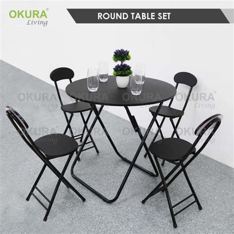 Okura Set Of Foldable Round Table Foldable Stool Portable Dining Room Set Camping Table