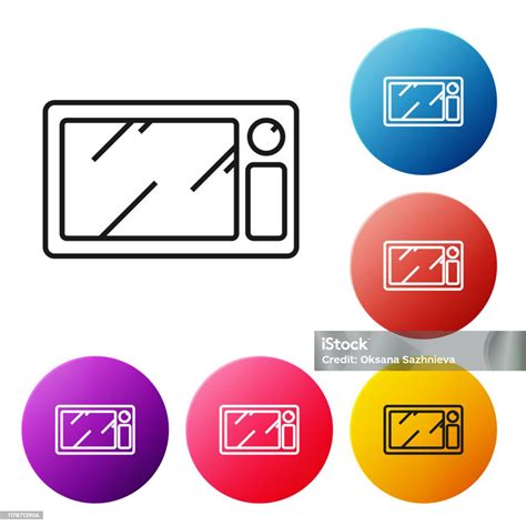 흰색 배경에 격리 된 검은 선 전자 레인지 아이콘입니다 가전 제품 아이콘입니다 아이콘 다채로운 원 버튼을 설정합니다 벡터