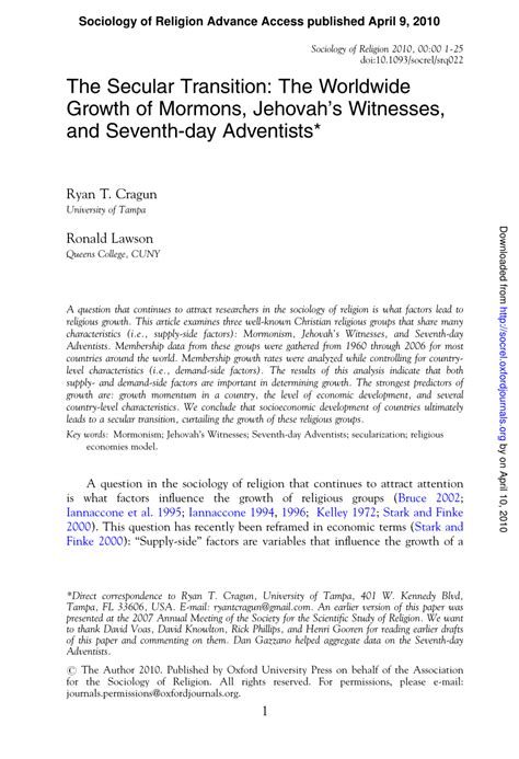 Pdf The Secular Transition The Worldwide Growth Of Mormons Jehovah