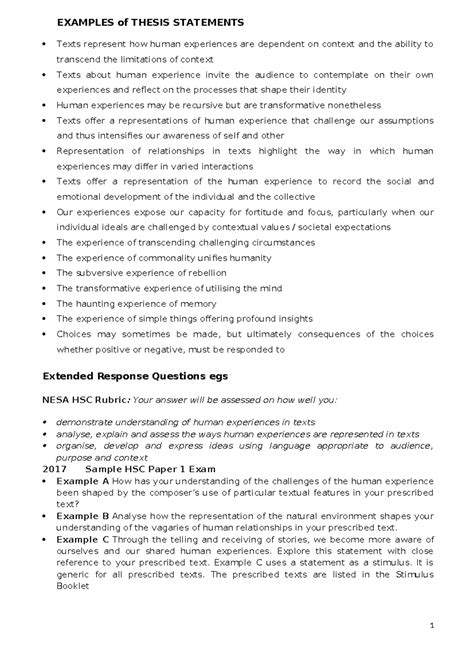 Thesis Statements For Texts And Human Experiences Analysis Ort Studocu
