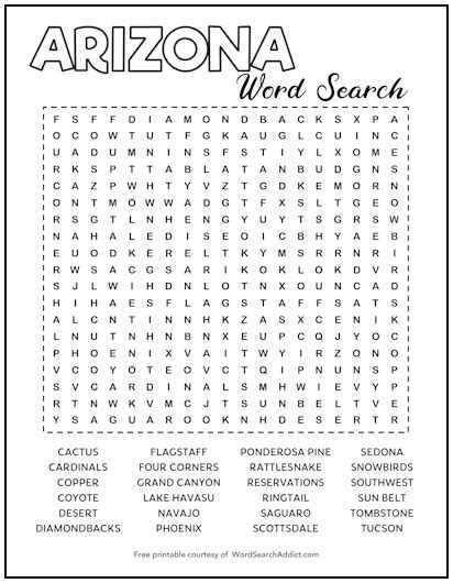 Arizona Printable Word Search Puzzle Word Search Addict