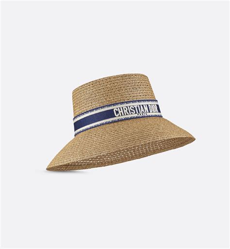 D Bobby Large Brim Hat Straw With Blue And White Embroidered Band Dior