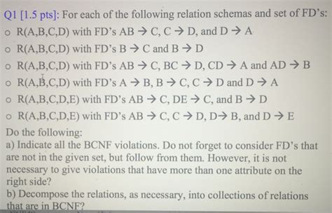 Solved For Each Of The Following Relation Schemas And Set Of
