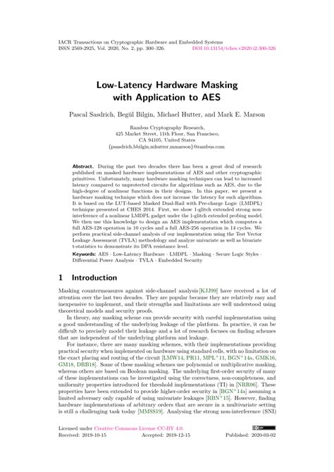 Pdf Low Latency Hardware Masking With Application To Aes