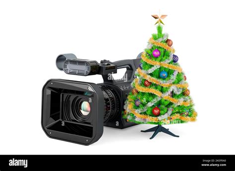 Christmas Tree With Professional Video Camera 3d Rendering Isolated On