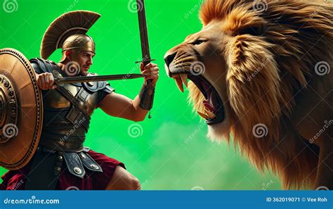 Roman Gladiator Versus Lion Vfx Film Setting Green Screen Stock