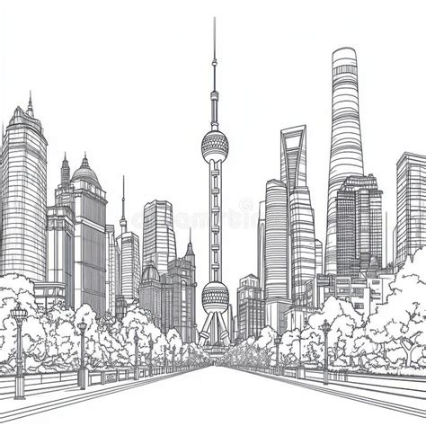 Shanghai Skyline Cityscape Urban Architecture Drawing Black And White