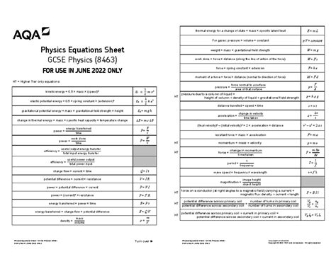 Insert Foundation Higher Equations Sheet June 2022 Physics