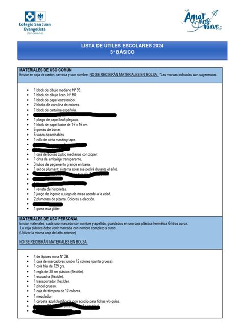 Lista De Útiles 3º Básico Pdf Materiales De Conservación Y Restauración