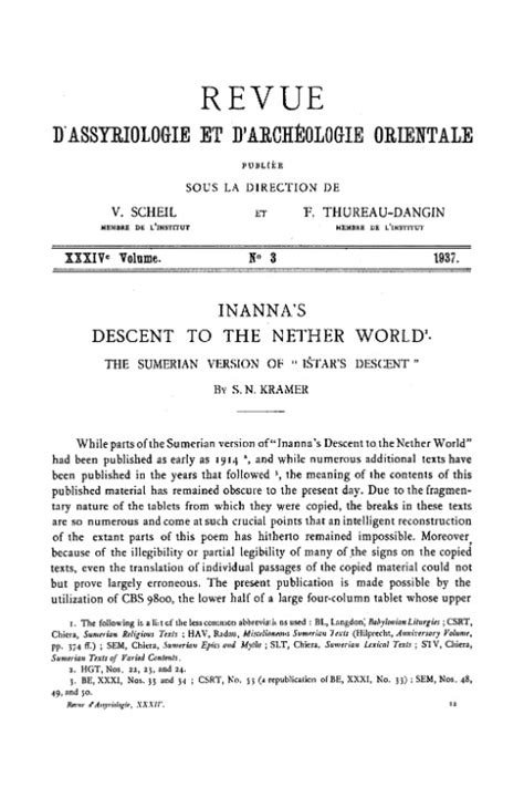 Inannas Descent To The Nether World The Sumerian Version Of Ištars