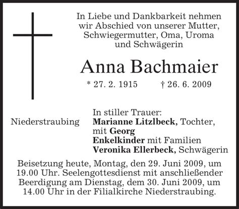 Traueranzeigen Von Anna Bachmaier Trauermerkurde