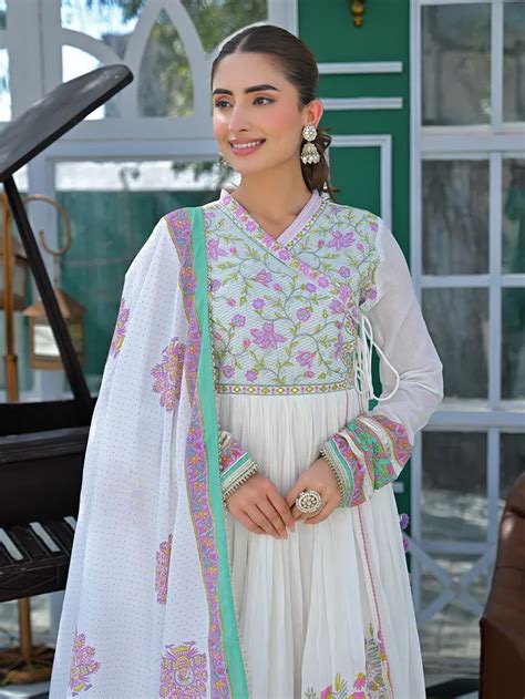 White Cotton Linen Printed Anarkali Festive Set With