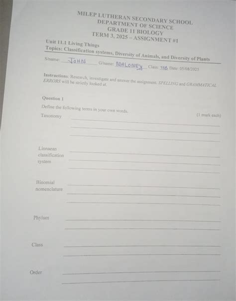 Define The Following Terms In Your Own Words Taxonomy Linnaean Classifi