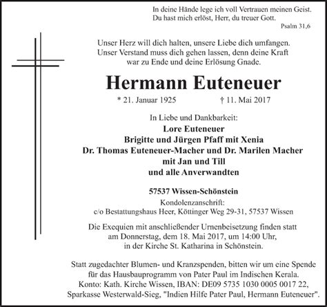 Traueranzeigen Von Hermann Euteneuer Rz Trauer De