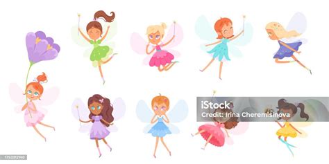 Cute Fairy Girls Set Pretty Princesses Characters With Butterfly Wings