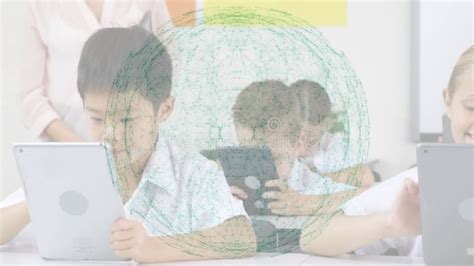 Students Using Tablets In Classroom With Digital Network Animation