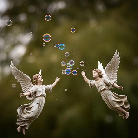 Two Angels Are Flying Through The Air With Bubbles And The Words Angel