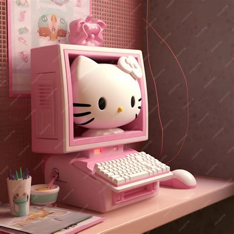 Premium Photo There Is A Hello Kitty Computer On A Desk With A Mouse