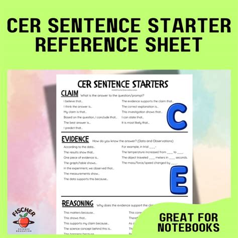 Claim Evidence And Reasoning Cer Sentence Starter References Sheet