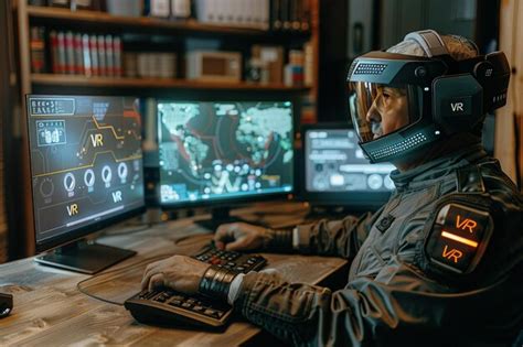 Man In A Vr Equipped Room With Multiple Screens Analyzing Virtual Data
