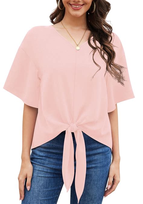 Uvplove Womens V Neck Chiffon Blouse With Tie Front Batwing Short