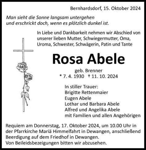 Traueranzeigen Von Rosa Abele Ostalbtrauer