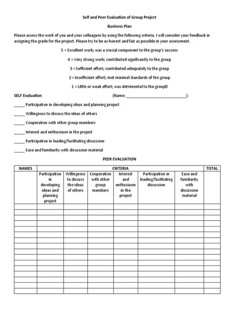 Self And Peer Evaluation Group Project Pdf