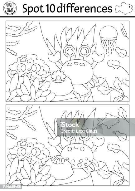아이들을위한 차이점 찾기 게임 귀여운 게 스폰지 바다 풍경이 있는 흑백 교육 활동 보트를 타고 있는 아이들을 위한 바다 생명선 퍼즐 수중 인쇄 가능한 색칠 공부 페이지 다른