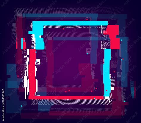 Glitch Empty Square Frame Distorted Rectangle Shape In Neon Colors With Floating Pixels Vector
