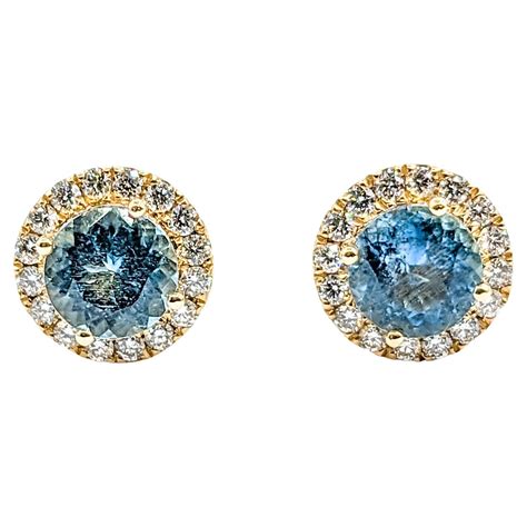 201ctw Aquamarine And Diamond Halo Earrings In Yellow Gold For Sale At