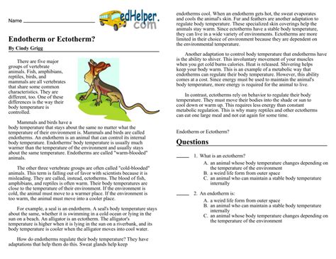 Endotherm Or Ectotherm Questions