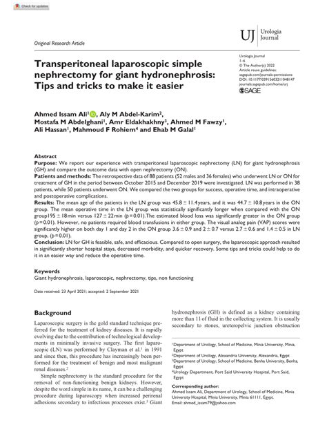 Pdf Transperitoneal Laparoscopic Simple Nephrectomy For Giant Hydronephrosis Tips And Tricks