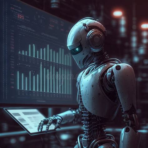 Generative Ai Humanoid Robot Working On A Laptop In A Shipyard Stock Illustration Illustration