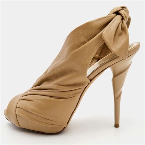 Dior Beige Quilted Leather Peep Toe Ruffle Detail Bow Slingback Sandals