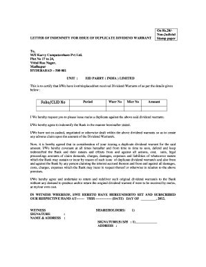 Fillable Online Duplicate Dividend Warrant Indemnity Form Fax Email Print PdfFiller