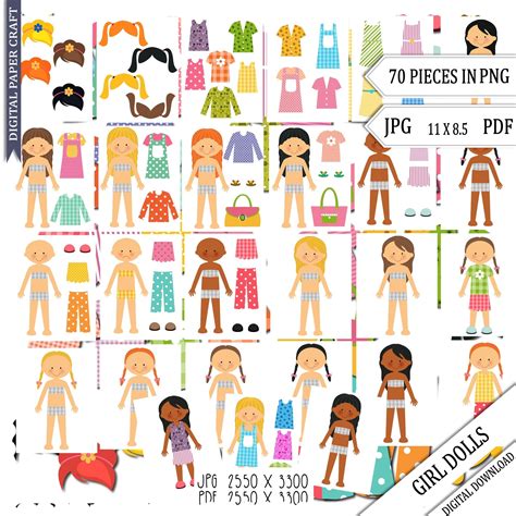 Paper Doll Set Printable Cut Outs Girl Dolls Various Hair Styles