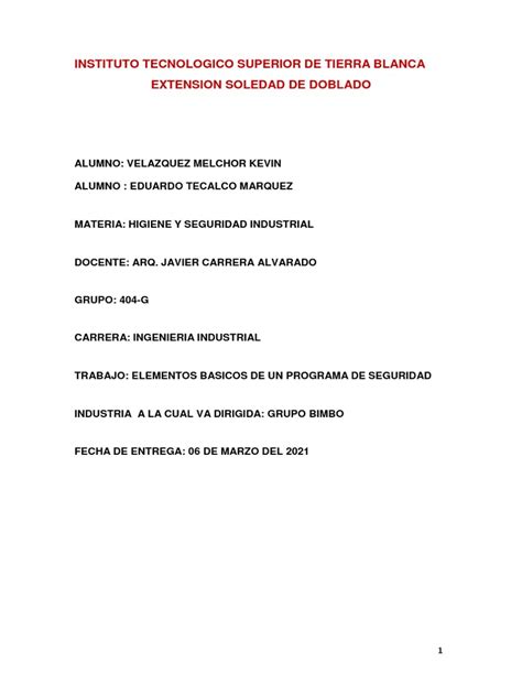 Elementos Básicos De Un Programa De Seguridad E Higiene Industrial Para La Industria Grupo Bimbo