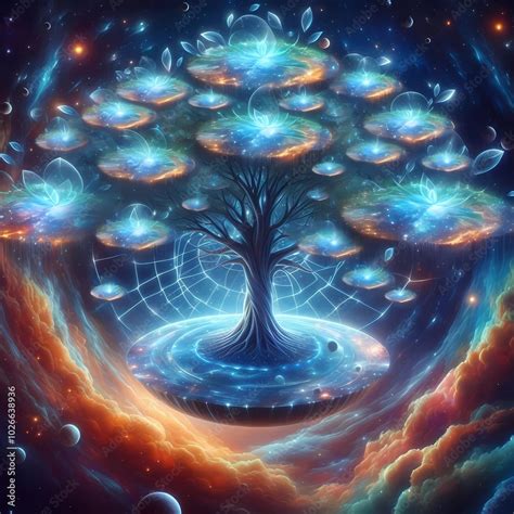 A Floating Cosmic Tree Where Each Leaf Is A Mini Portal To Another Dimension Stock Illustration