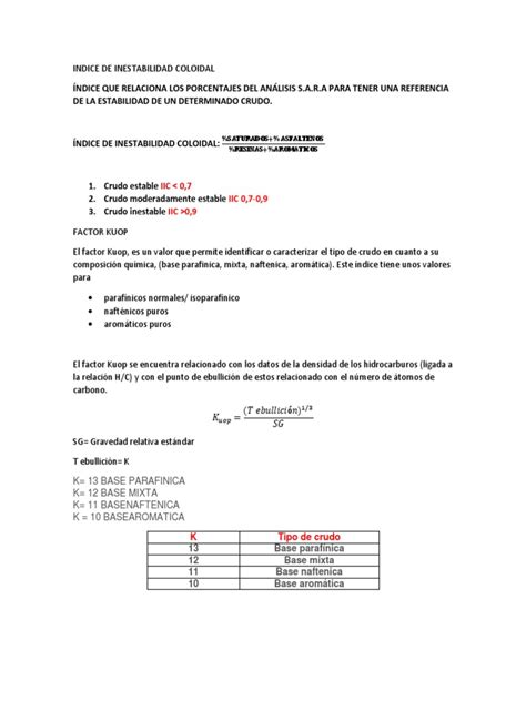 Indice De Inestabilidad Coloidal Factor Kuop Pdf Depósito De