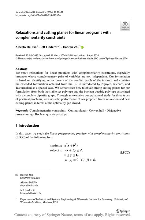 Relaxations And Cutting Planes For Linear Programs With Complementarity Constraints Request Pdf