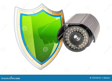 Security Surveillance Camera With Shield Safety Concept 3d Rendering Stock Illustration