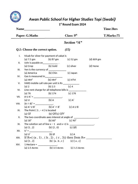 9th Grade G Maths Exam 2024 Pdf Economies Money