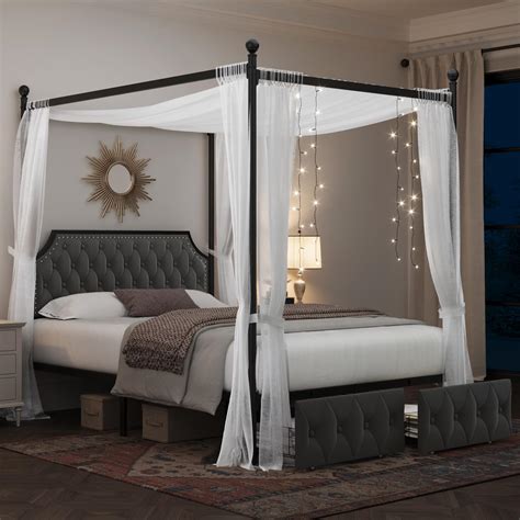 Ikalido Queen Size Metal Canopy Bed Frame With Wooden