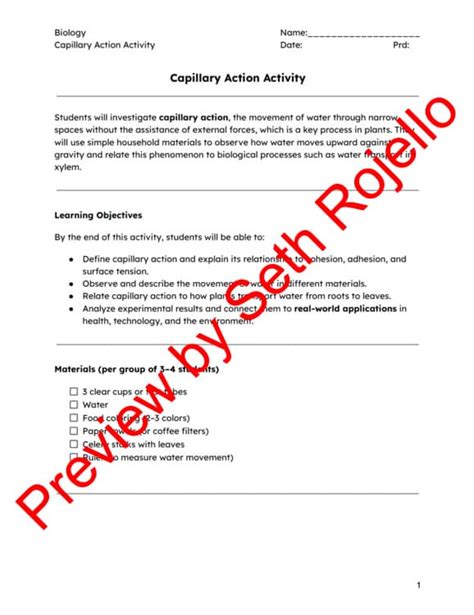 Capillary Action Lab Activity Biology On Level Hands On By Seth Rojello