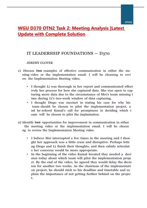 Wgu D370 Otn2 Task 2 Meeting Analysis Latest Update With Complete