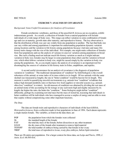 Analysis Of Covariance Lecture Notes Bsc 5936 Docsity