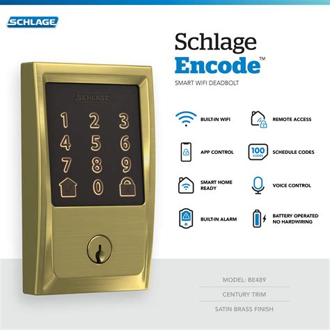 Schlage Encode Century Satin Brass Smart Lock Electronic Deadbolt With Wifi Bluetooth