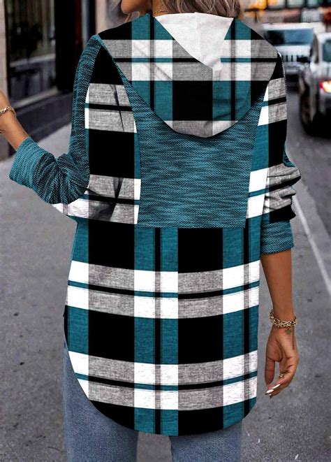 Peacock Blue Patchwork Plaid Long Sleeve Hoodie Usd 2498