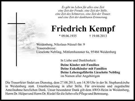 Traueranzeigen Von Friedrich Kempf Nordbayerischer Kurier