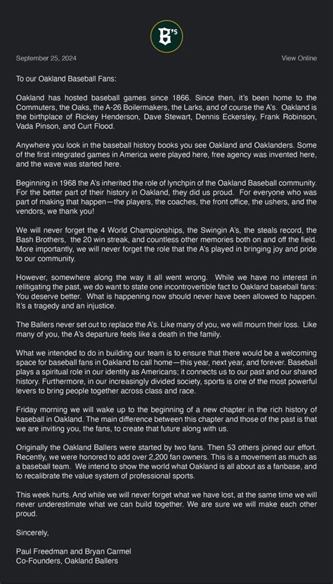 Letter From Paul Freedman And Bryan Carmel Co Founders Of The Oakland